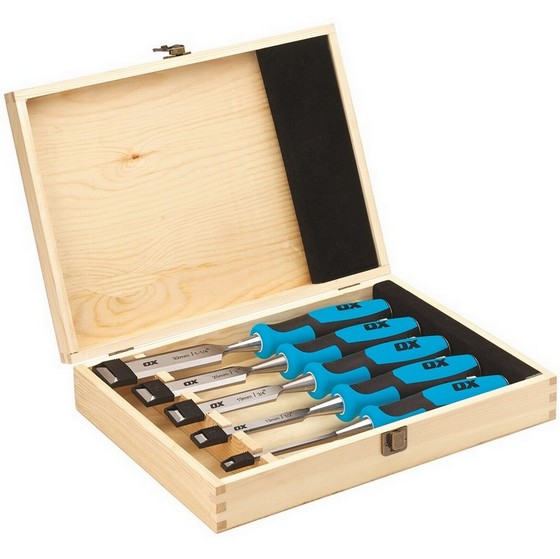 Ox Pro 5 Piece Wood Chisel Set Supplied In Wooden Box - Anglia Tool Centre
